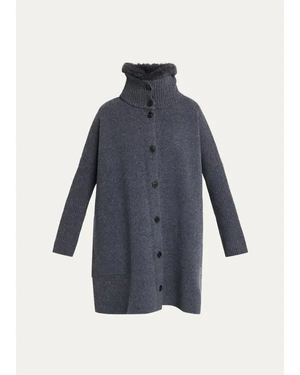 YVES SALOMON Goat Shearling Collar Oversized Wool Knit Coat