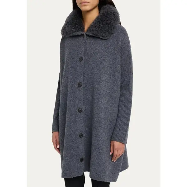 YVES SALOMON Goat Shearling Collar Oversized Wool Knit Coat