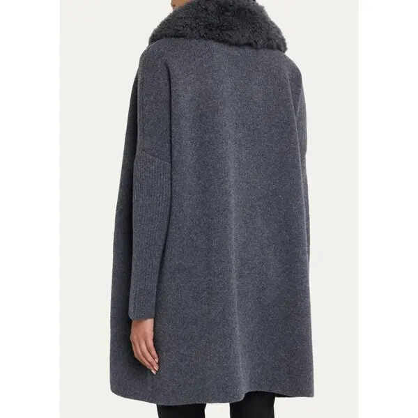 YVES SALOMON Goat Shearling Collar Oversized Wool Knit Coat
