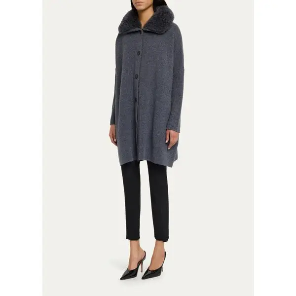 YVES SALOMON Goat Shearling Collar Oversized Wool Knit Coat