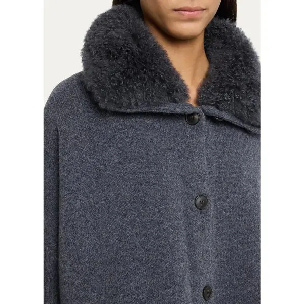YVES SALOMON Goat Shearling Collar Oversized Wool Knit Coat