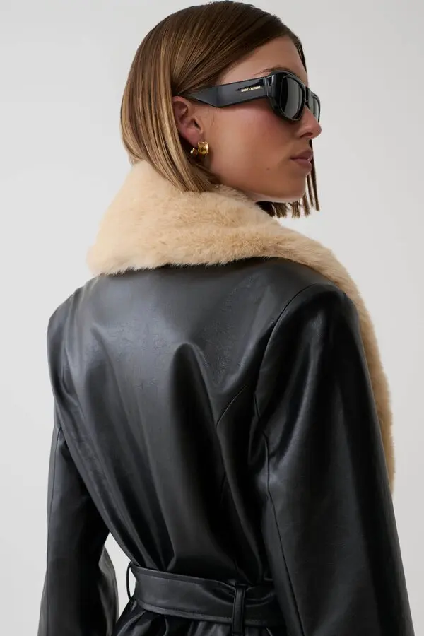 Meshki Bec Faux Leather Trench Coat With Faux Fur