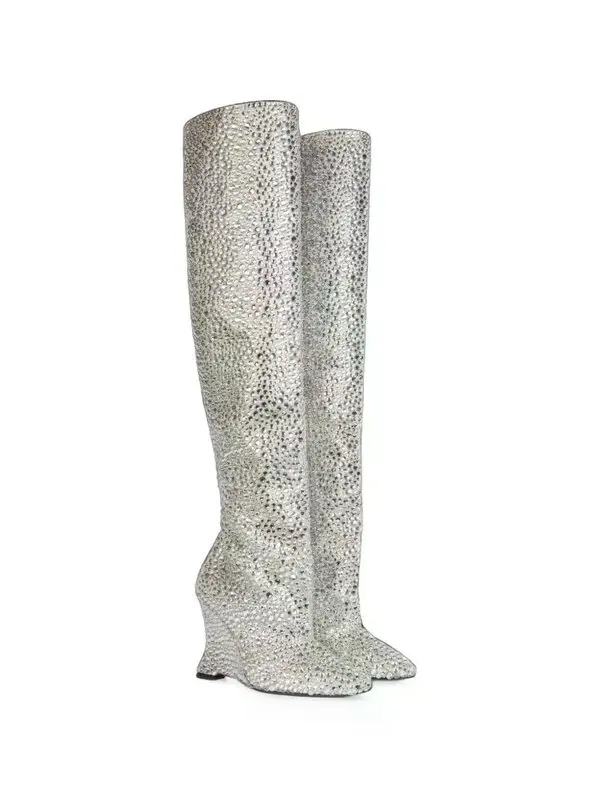 Balmain Wedge Thigh-high Satin Boots With Crystals