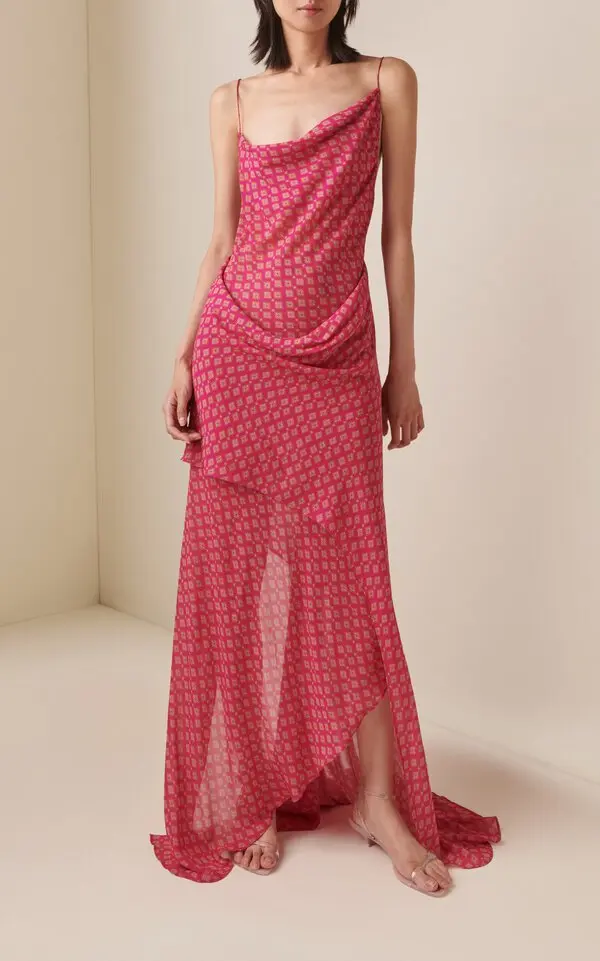 Christopher Esber Cowl Hip Slip Print Silk Maxi Dress