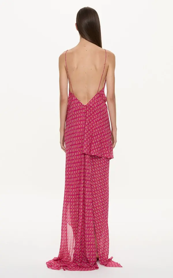 Christopher Esber Cowl Hip Slip Print Silk Maxi Dress