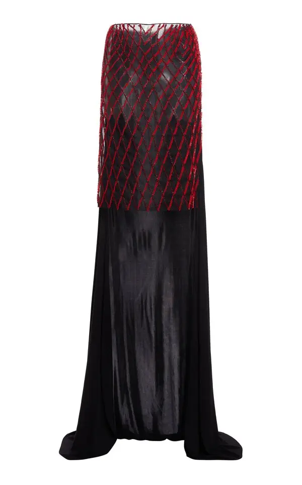 Christopher Esber Lattice Beaded Mullet Silk Midi Skirt