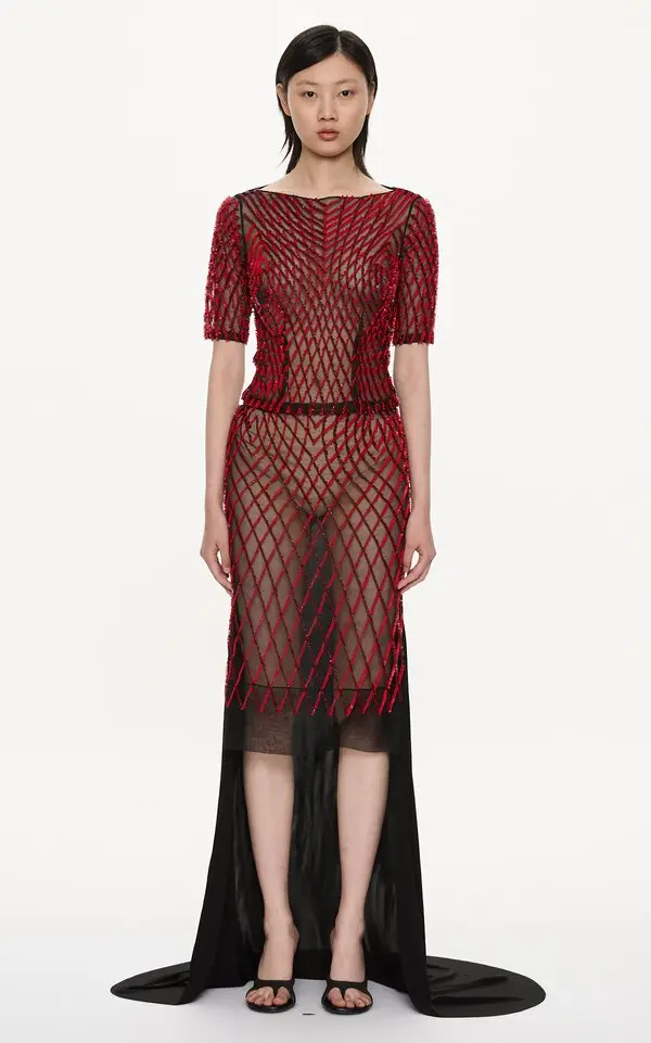 Christopher Esber Lattice Beaded Mullet Silk Midi Skirt