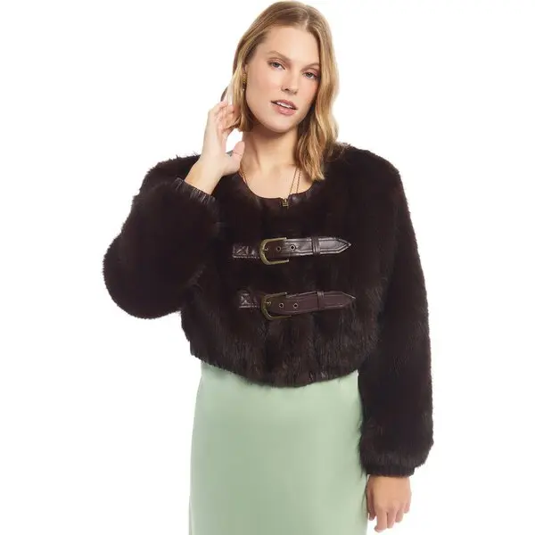 JUNE & VIE Faux Fur Cropped Jacket - Brown