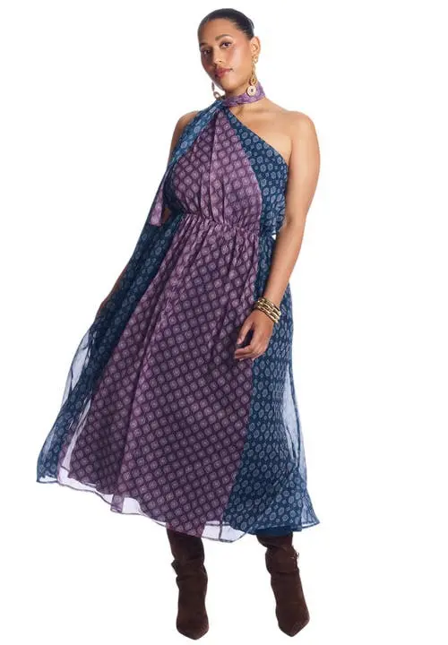 JUNE & VIE One Shoulder Chiffon Maxi Dress With Neck Tie