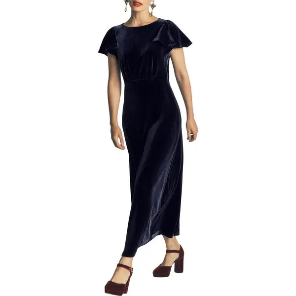 Boden Draped Sleeve Velvet Maxi Dress - Navy