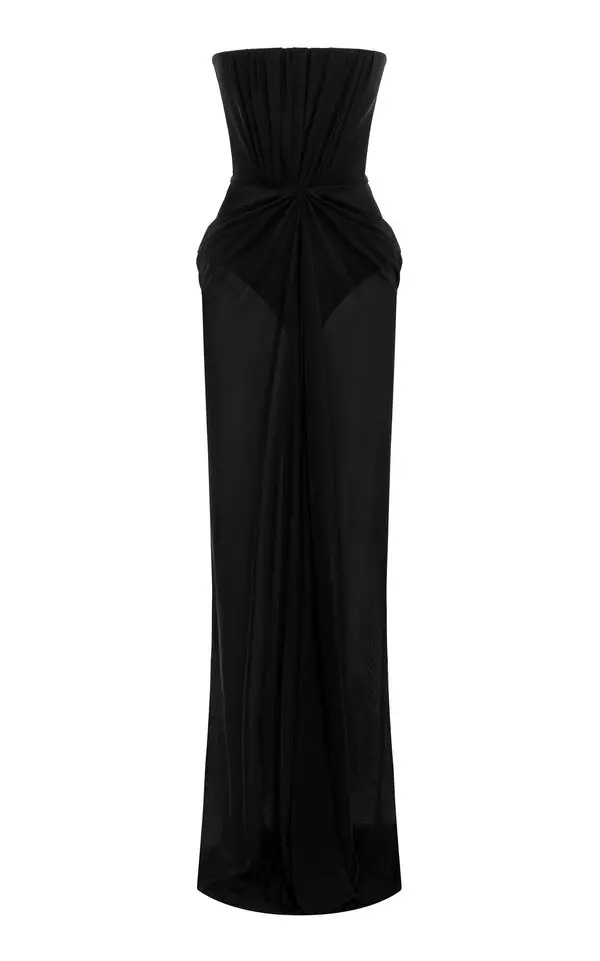 Alex Perry Strapless Draped Powermesh Column Gown - Black
