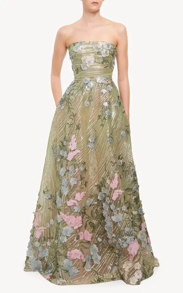 Elie Saab Floral Embellished Tulle Maxi Dress