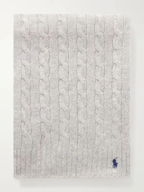 Polo Ralph Lauren Logo-embroidered Cable-knit Wool And Cashmere-blend Scarf - Gray