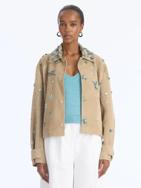 Oscar De La Renta Suede Embroidered Jacket