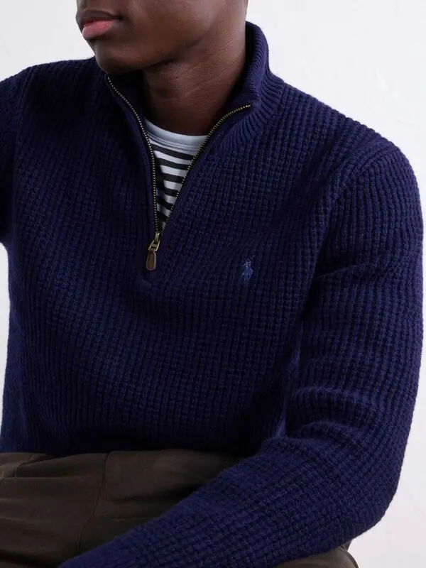 Polo Ralph Lauren Pony-embroidered Waffle-knit Wool And Cotton-blend Half-zip Sweater - Navy