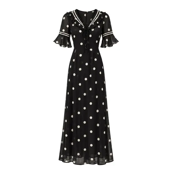 ROSE & NANCY Audrey Navy Polka Print Collar Detail Maxi Dress - Blue