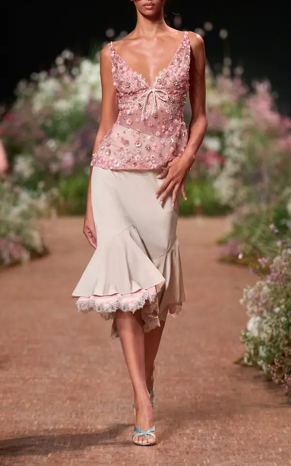 Elie Saab Lace Border Crepe Midi Skirt