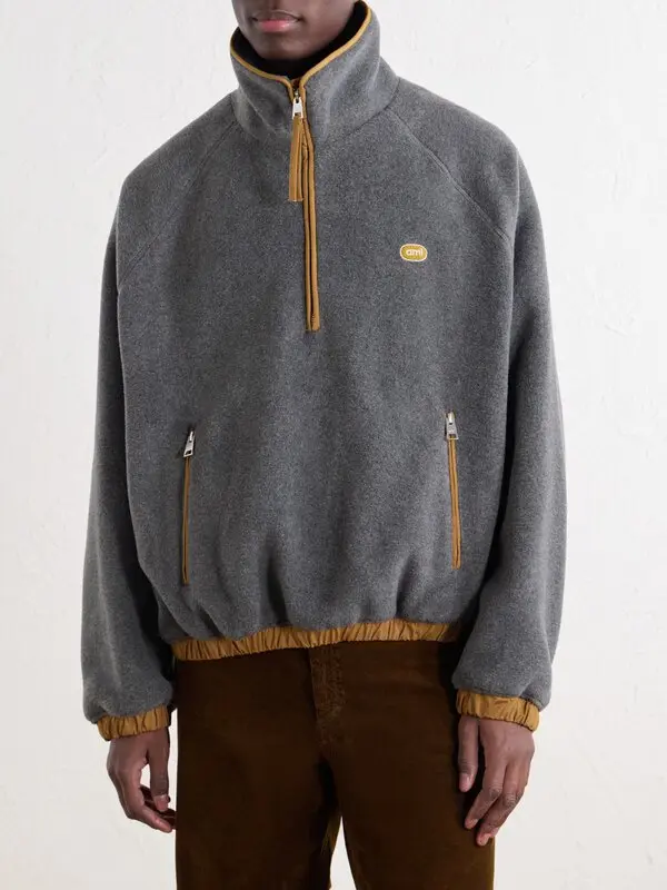 AMI Paris Logo-appliquéd Shell-trimmed Fleece Half-zip Sweater