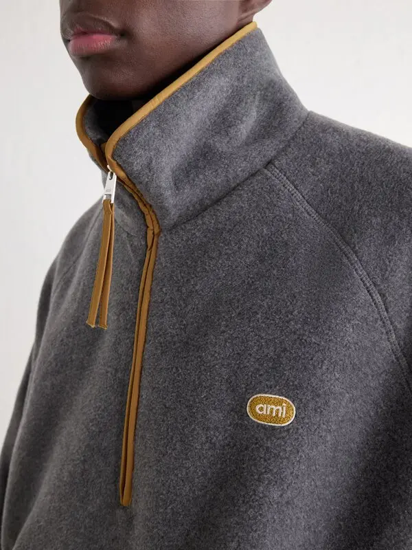 AMI Paris Logo-appliquéd Shell-trimmed Fleece Half-zip Sweater