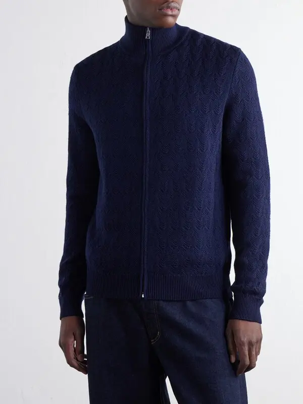 Mr P. Pointelle-knit Merino Wool Zip-up Cardigan