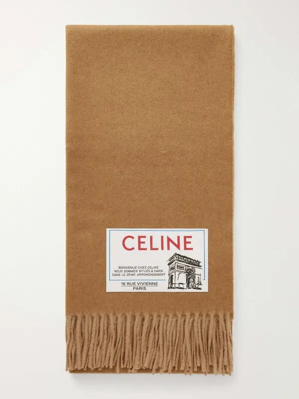 Celine Logo-appliquéd Fringed Wool And Cashmere-blend Scarf
