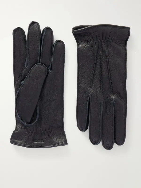 Zegna Logo-embossed Full-grain Leather Gloves - Black