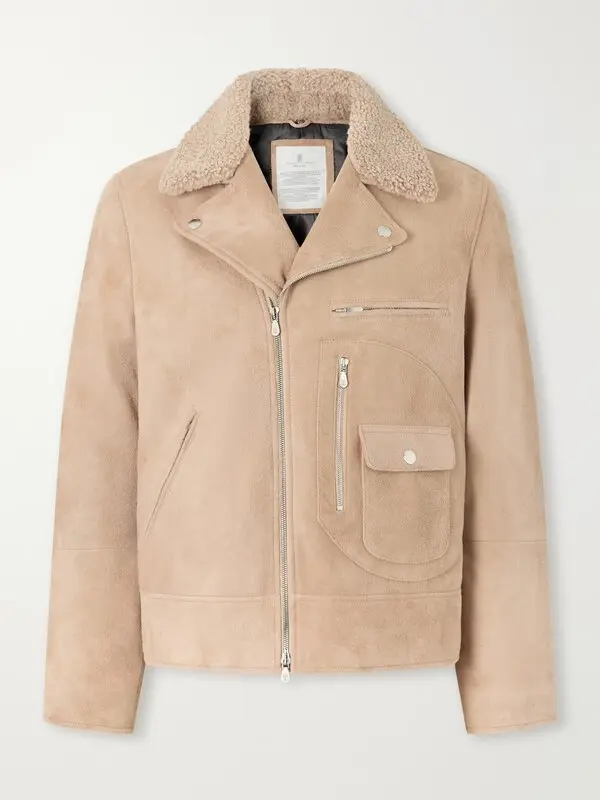 Brunello Cucinelli Shearling-trimmed Suede Leather Biker Jacket - Neutrals