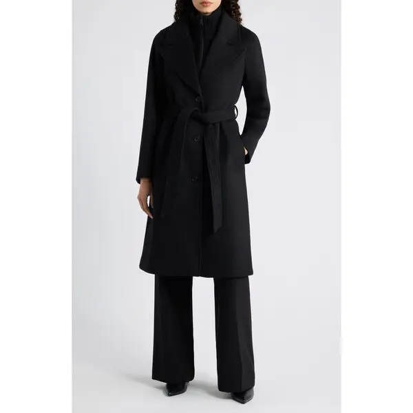 Vince Belted Wool Blend Wrap Coat With Removable Bib - Black