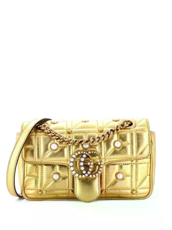 Gucci Pearly Gg Marmont Flap Bag Embellished Matelasse Leather Mini Shoulder Bag - Gold