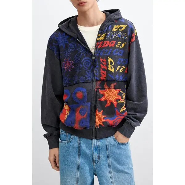 Desigual Collage Full Zip Hoodie Sweater - Light Gray