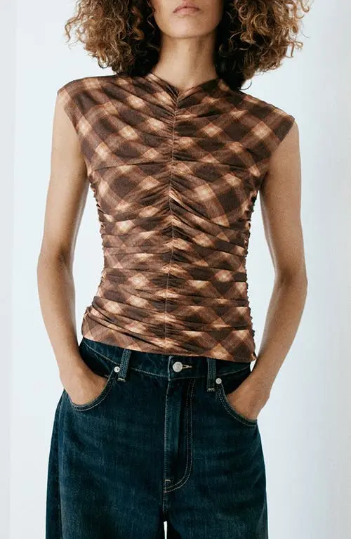 Mango Ruched Plaid Sleeveless Top - Brown