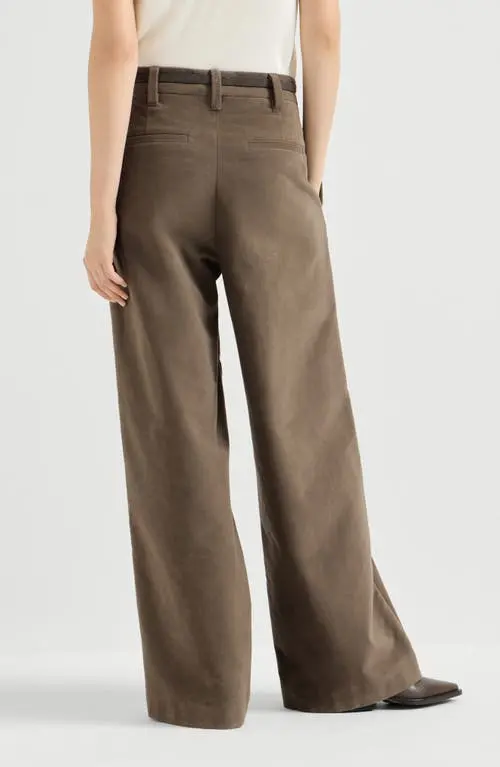 Brunello Cucinelli Stretch Cotton Moleskin Loose Tailored Trousers With Monili - Brown