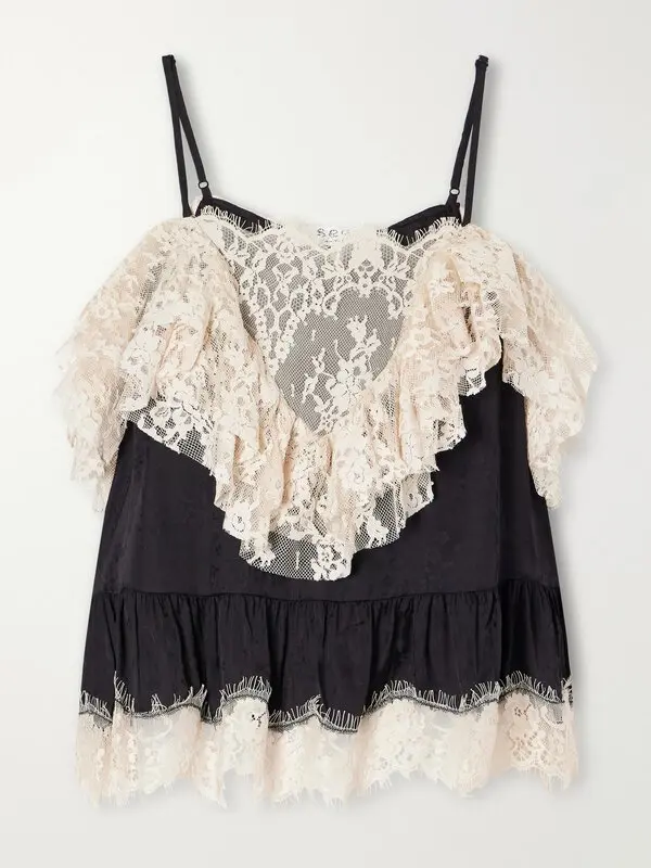 Sea Ethel Ruffled Lace-trimmed Floral-jacquard Satin Cami - Black