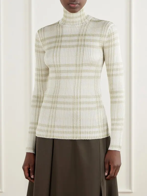 Burberry Genevia Checked Knitted Turtleneck Sweater - Neutrals