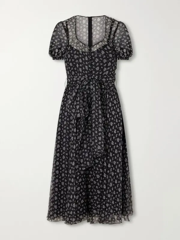Dolce & Gabbana Tie-detailed Floral-print Silk-blend Georgette Midi Dress - Black