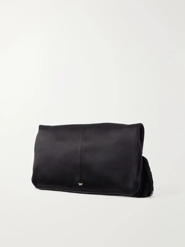 ANYA HINDMARCH Bow Fringed-trimmed Satin Clutch - Black