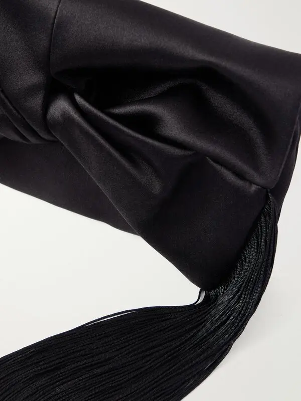 ANYA HINDMARCH Bow Fringed-trimmed Satin Clutch - Black