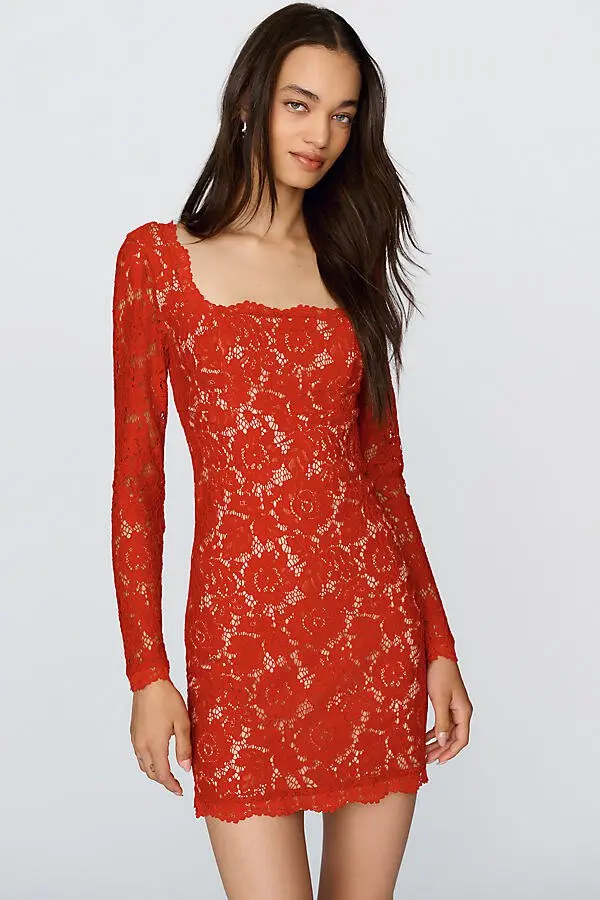 Anthropologie Lace Square Neck Mi Dress - Red