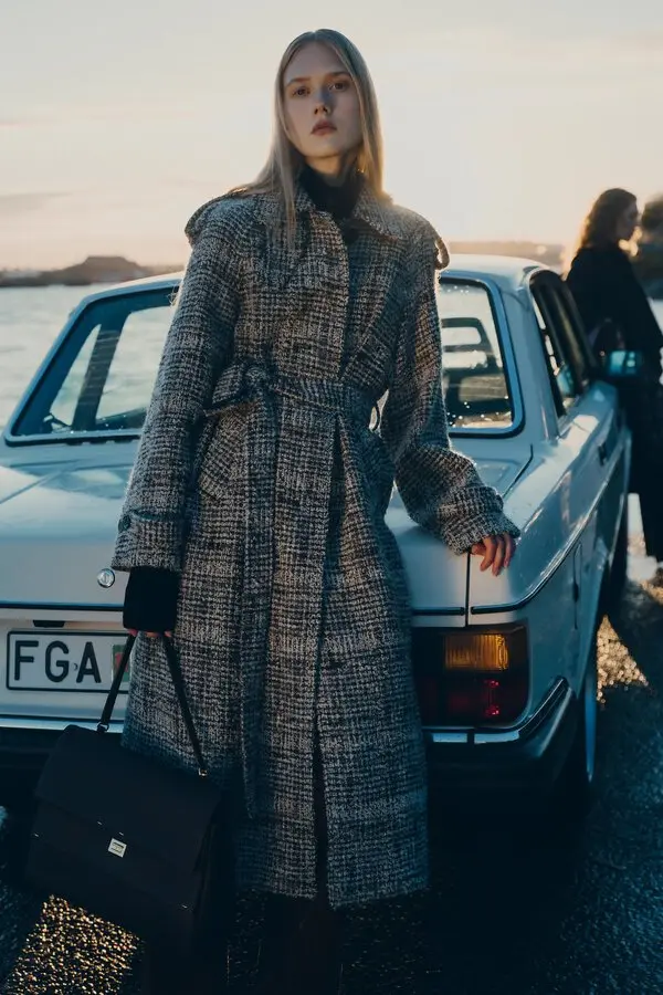 Fabrique Blaise Mélange Plaid Belted Long Coat In Bouclé Tweed - Multicolor