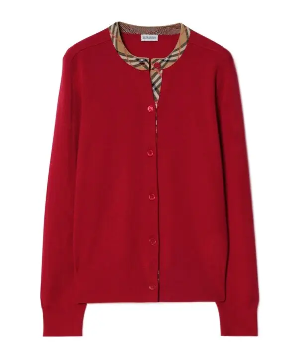 Burberry Check Trim Wool Cardigan - Red