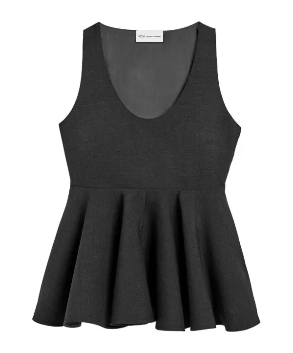 AMI Paris Grey Peplum Sleeveless Wool Top - Black