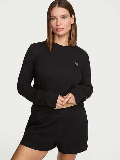 Victoria's Secret Waffle Knit Long-sleeve Short Pajama Set - Black
