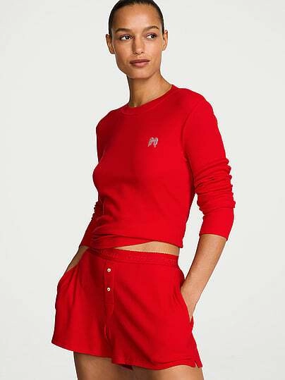Victoria's Secret Waffle Knit Long-sleeve Short Pajama Set - Red