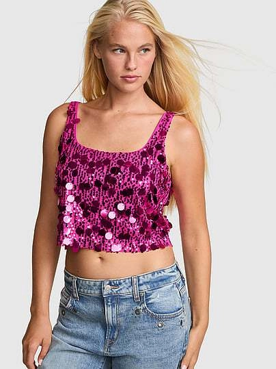 Pink Sequin Tank Top - Print