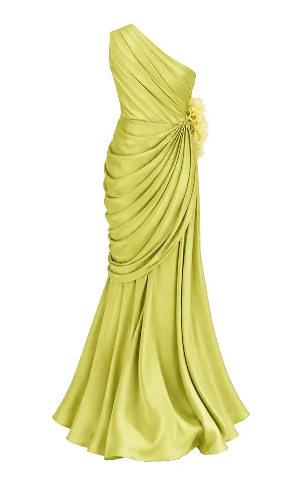 LA FUORI Moss Petal Draped Silk Maxi Dress