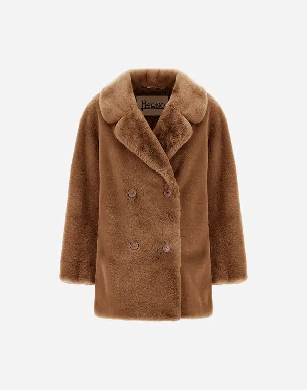 Herno Peacoat In Beaver-effect Fur-touch Fabric