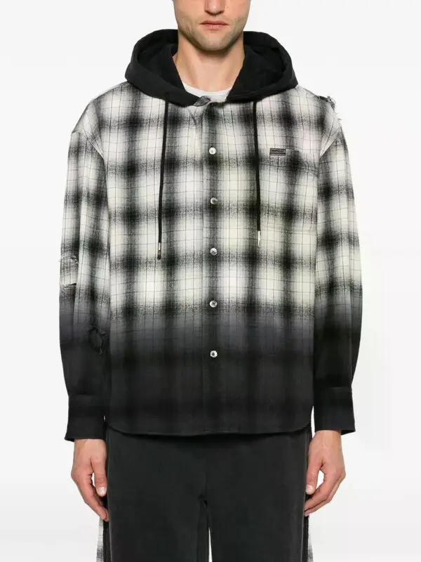 FENG CHEN WANG Gradient-effect Plaid-pattern Hooded Shirt