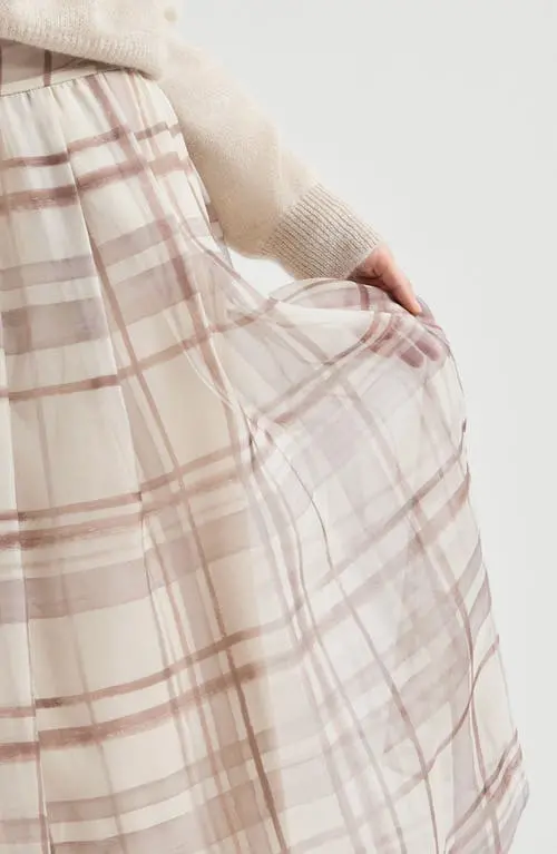 Brunello Cucinelli Silk Organza Pleated Skirt In Macrocheck Print
