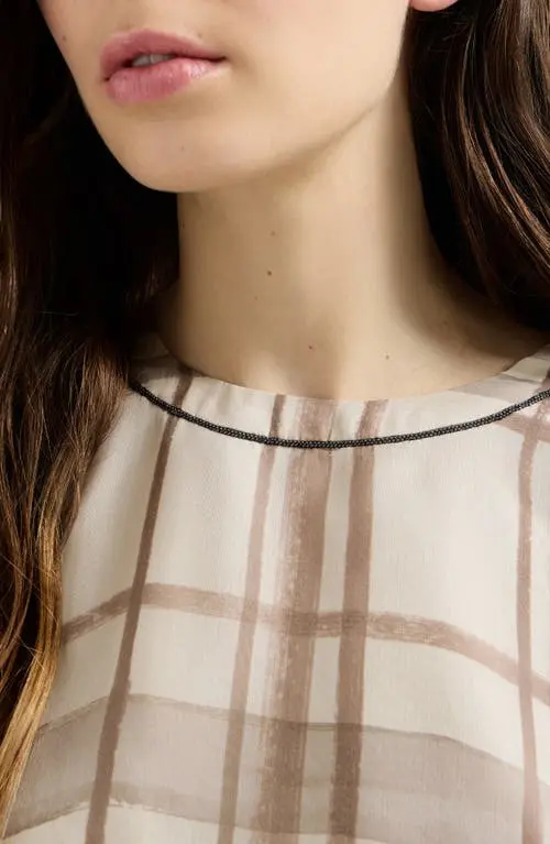 Brunello Cucinelli Silk Organza T-shirt In Macrocheck Print With Shiny Neck Detail - Buff