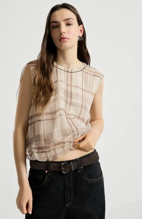 Brunello Cucinelli Silk Organza T-shirt In Macrocheck Print With Shiny Neck Detail - Buff